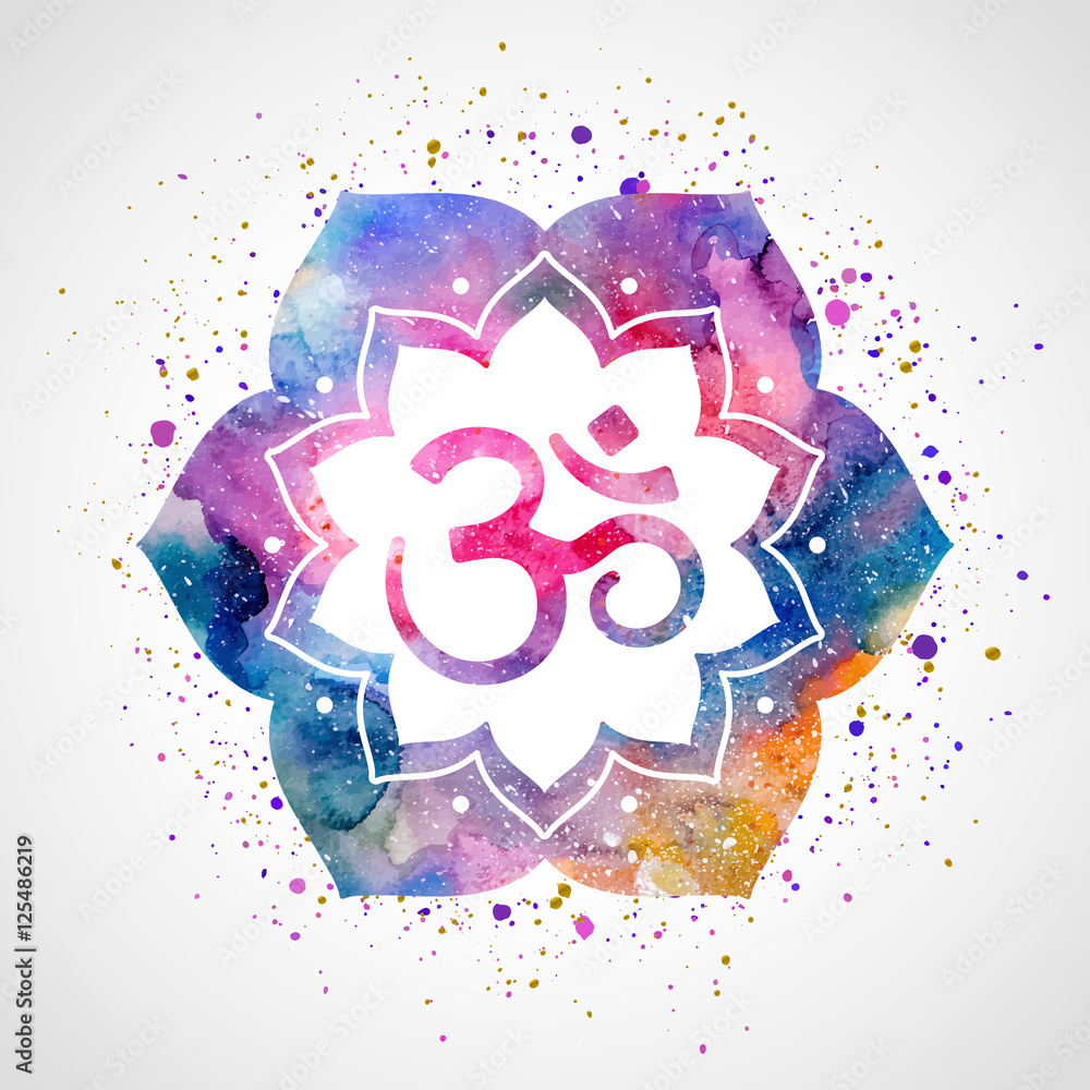 Om sign in lotus flower. Rainbow watercolor texture and splash . Vector ...
