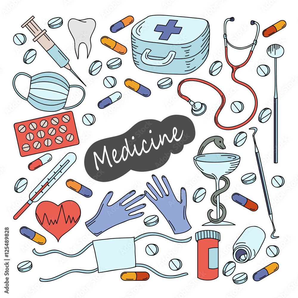 Cartoon cute doodles hand drawn Medicine illustration. Stock Vector ...