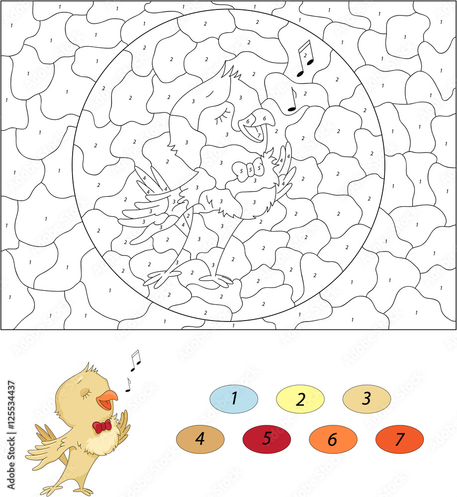 Cartoon nightingale. Color by number educational game for kids Stock ...