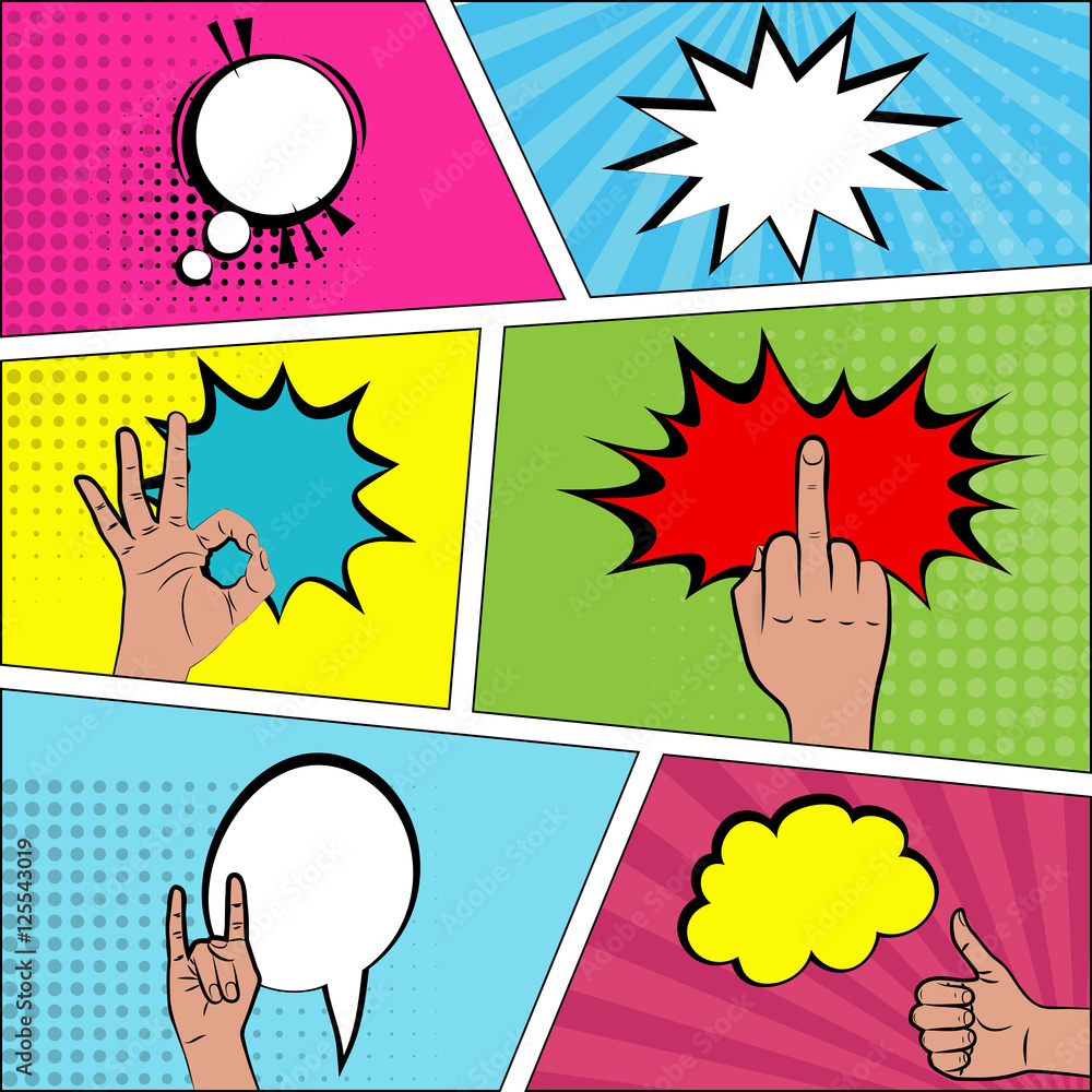 Hand signs comic retro pop art style. Gestures big set. Cartoon comic ...