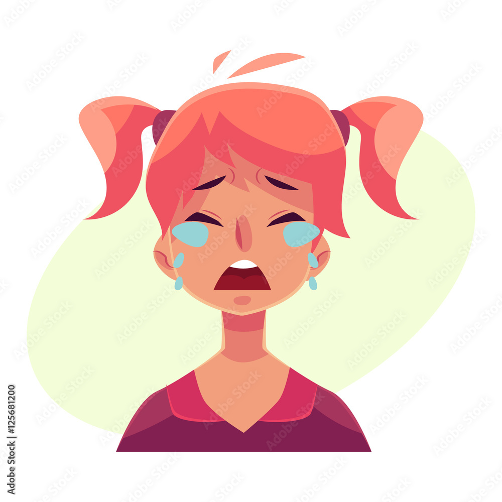 Teen girl face, crying facial expression, cartoon vector illustrations ...