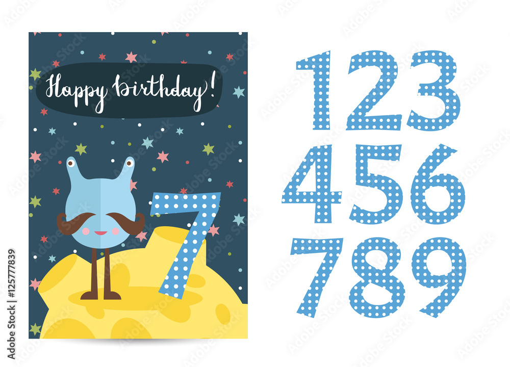 Happy birthday cartoon greeting card template with digits set on space ...