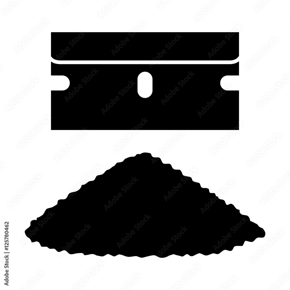 Single edged razor blade with a pile of cocaine or coke flat icon for ...
