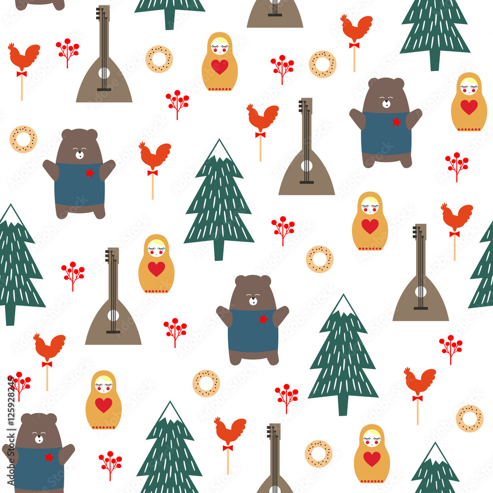 Russian symbols seamless pattern. Cute cartoon illustration with bear ...