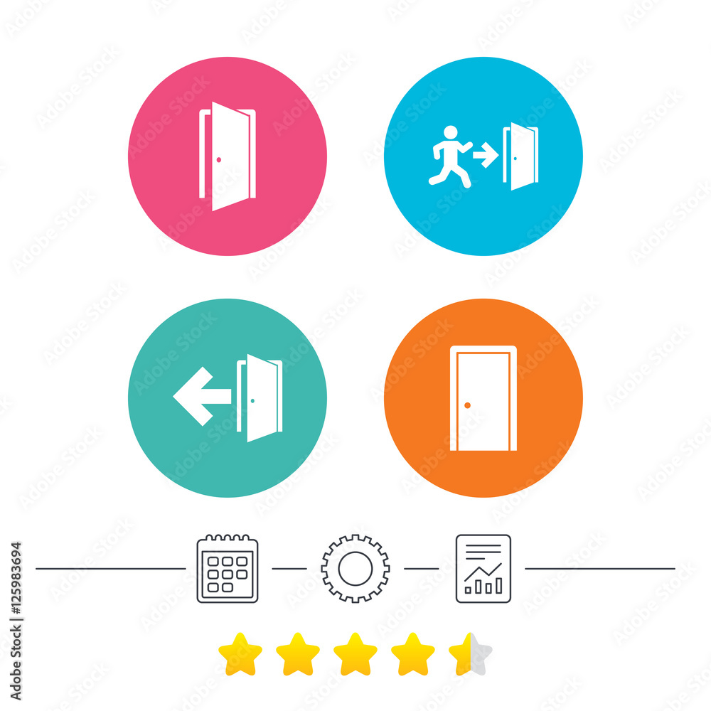 Doors icons. Emergency exit with human figure and arrow symbols. Fire ...