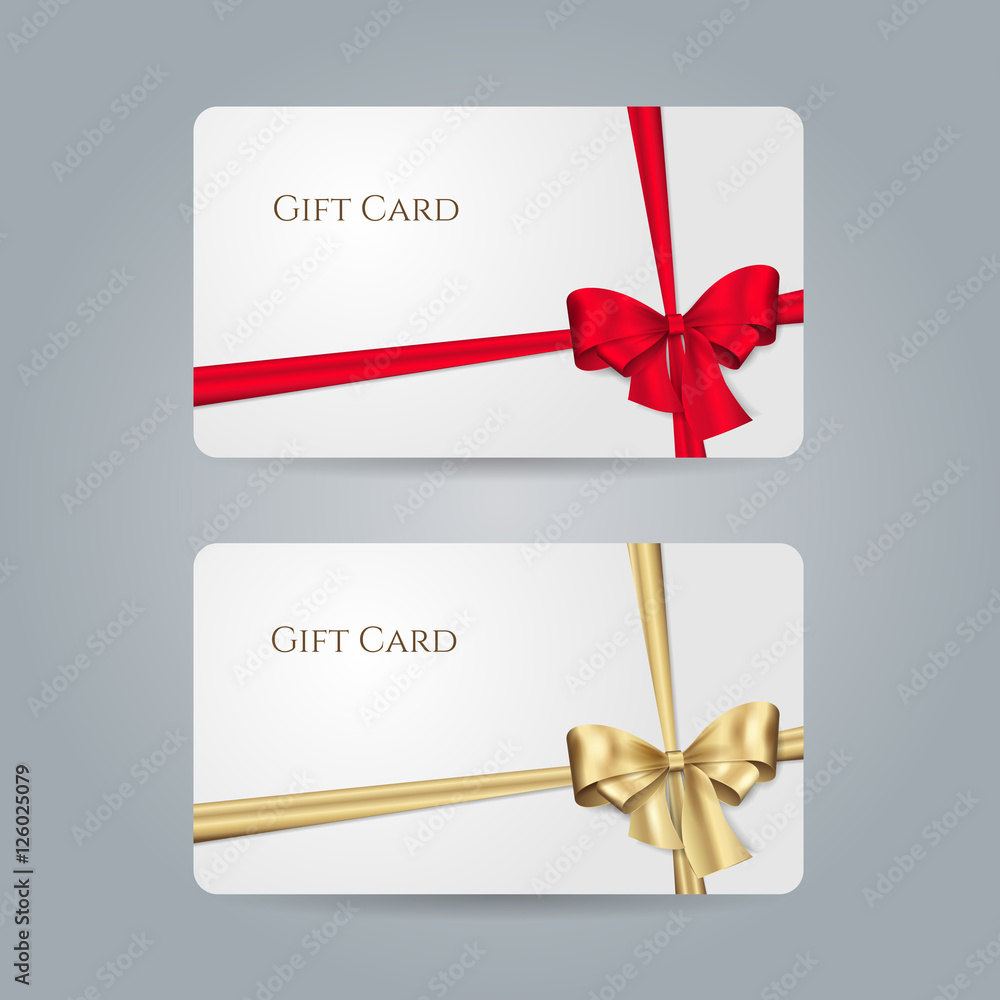 White gift card with red, golden bow and ribbons. Vector template for ...