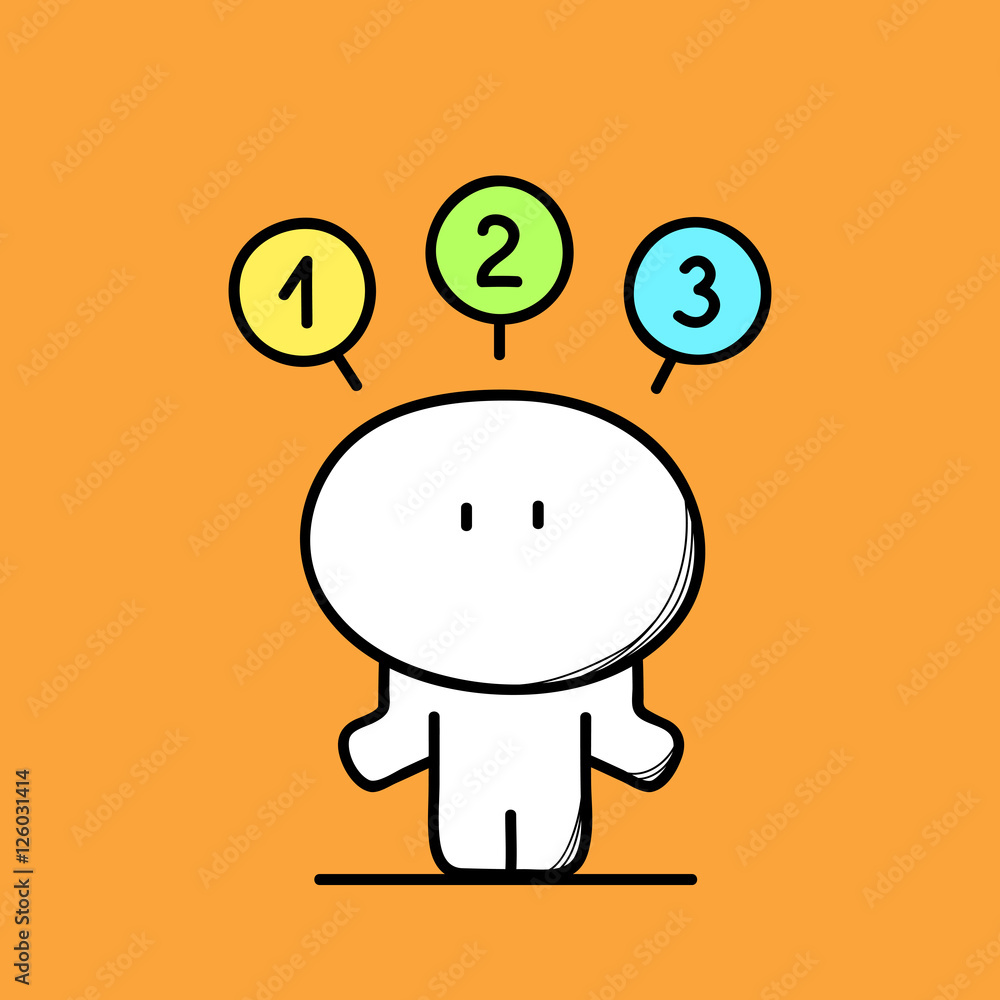 Cute funny confused man makes a choice from the options on the orange ...