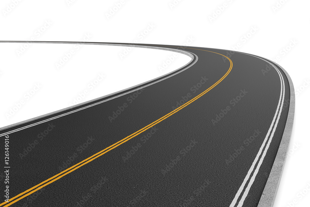 Rendering of two-way road bending to the left on white background ...