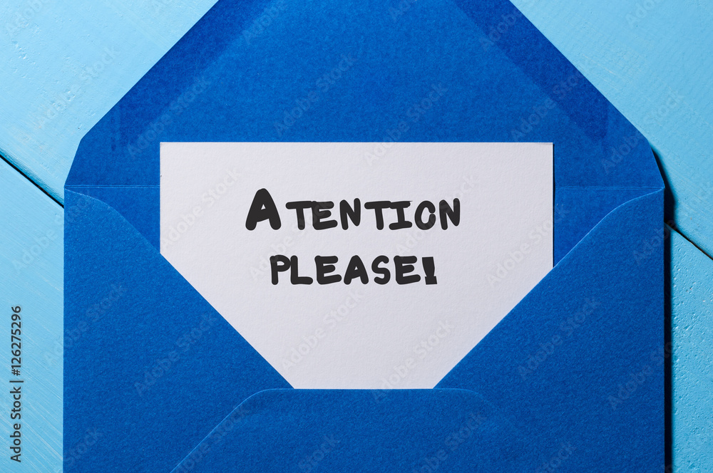 Attention Please note at blue envelope Stock Photo | Adobe Stock
