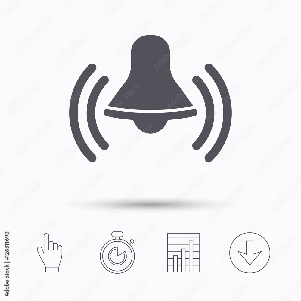 Bell icon. Reminder alarm signal symbol. Stopwatch timer. Hand click ...