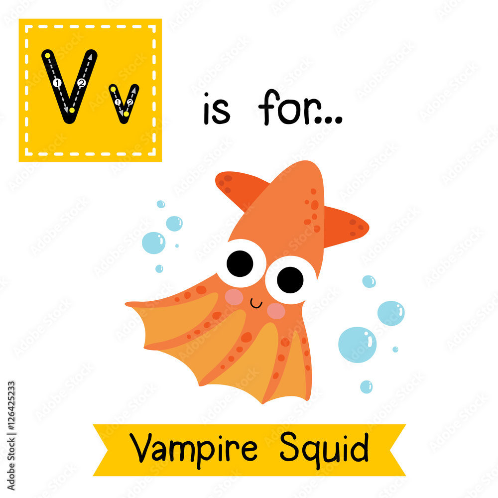 Vector de Stock V letter tracing. Vampire Squid. Cute children zoo alphabet flash card. Funny ...