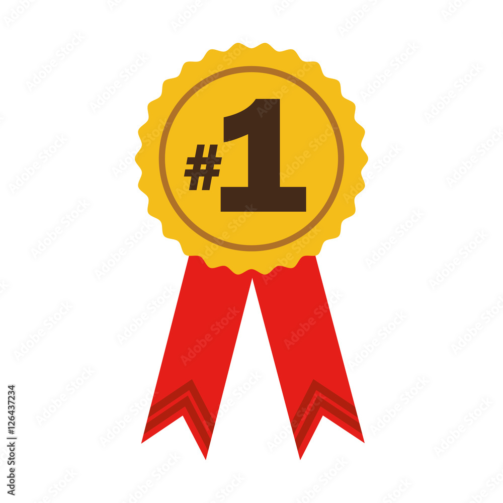 number one ribbon award in yellow and red colors icon over white ...