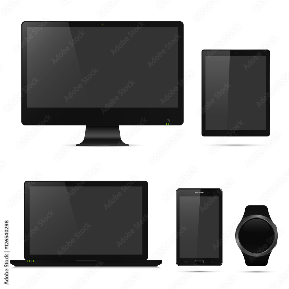 Set of realistic computer monitor, laptop, smart watch, tablet and ...
