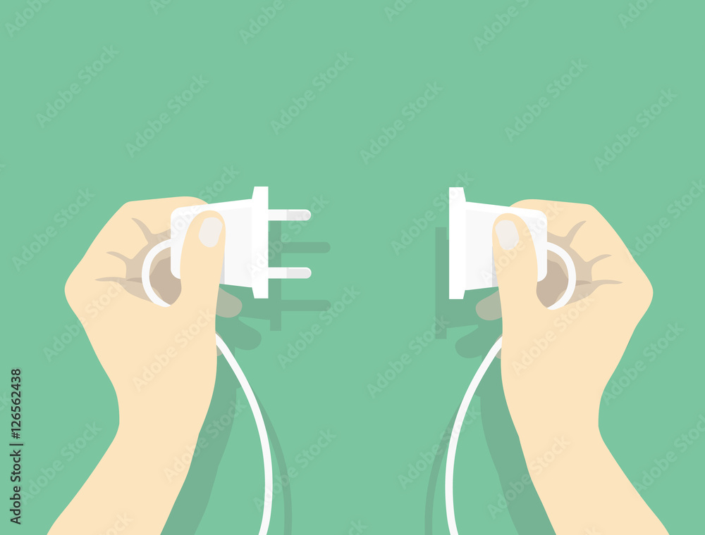 Two hands trying to connect electric plug together, Connection vector ...