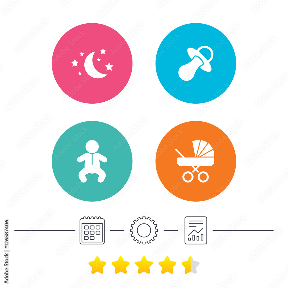 Moon and stars symbol. Baby infants icon. Buggy and dummy signs. Child ...