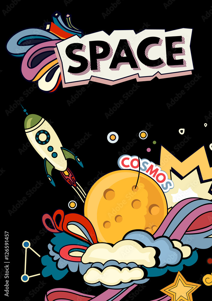 Cartoon vector illustration of space. Moon, planet, rocket, earth ...
