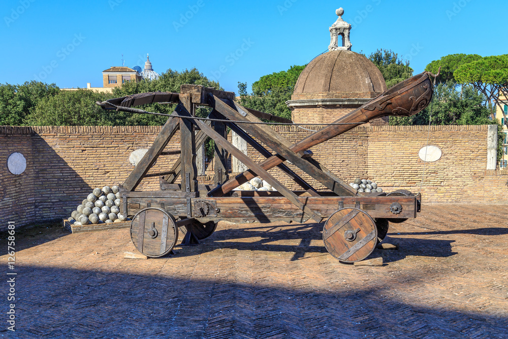 Medieval catapult in the tower of the castle of St. Angel in Rome Stock ...