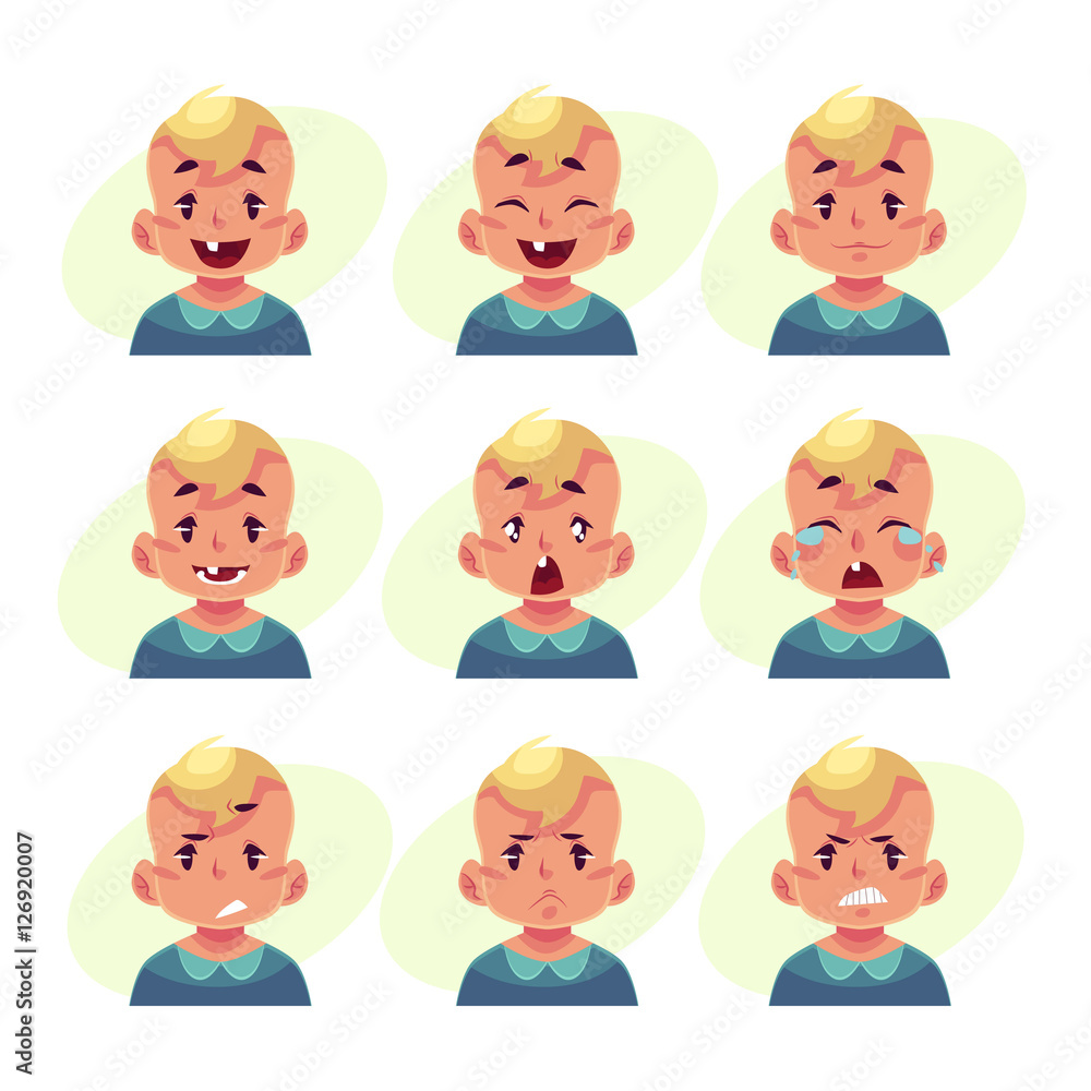 Little boy face expression, set of cartoon vector illustrations ...