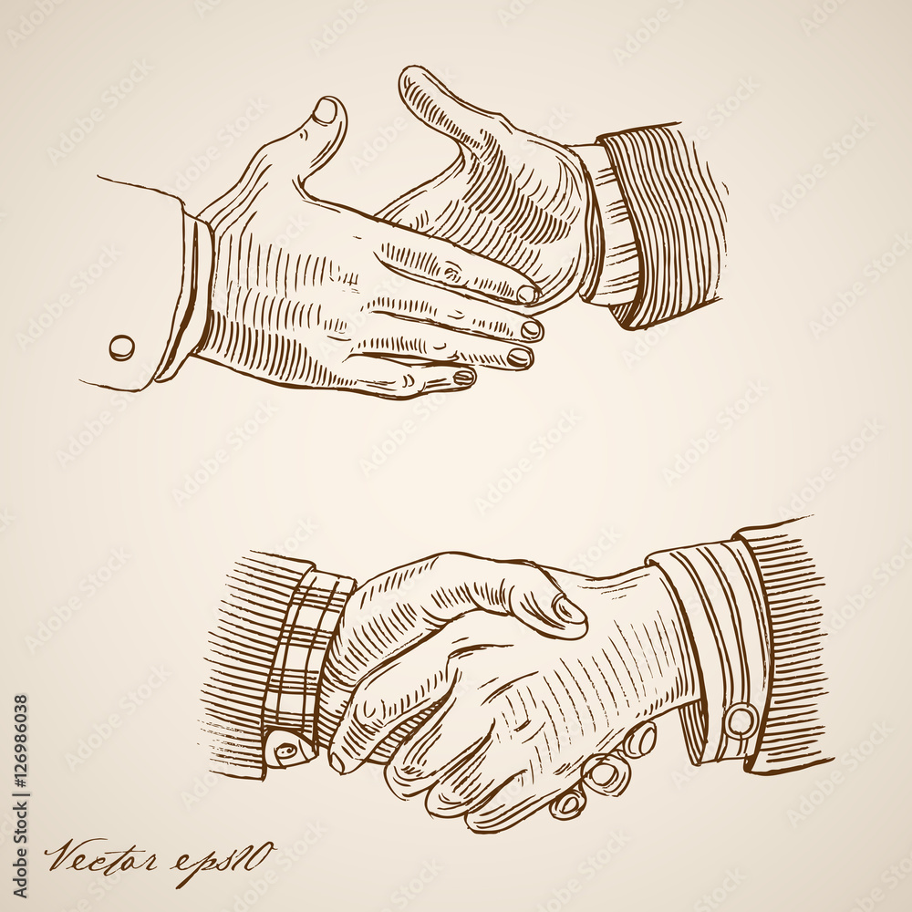 Engraving vintage drawn vector handshake Pencil Sketch partner Stock ...