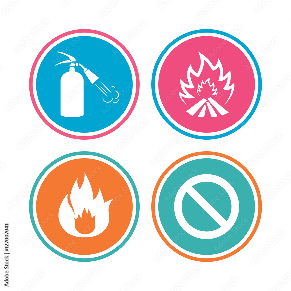 Fire flame icons. Fire extinguisher sign. Prohibition stop symbol ...