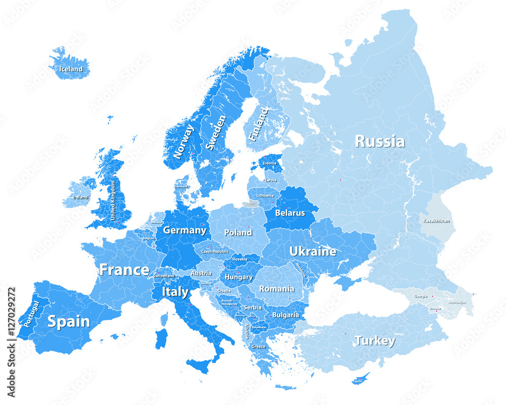Europe vector political map with regions borders in tints of blue color ...