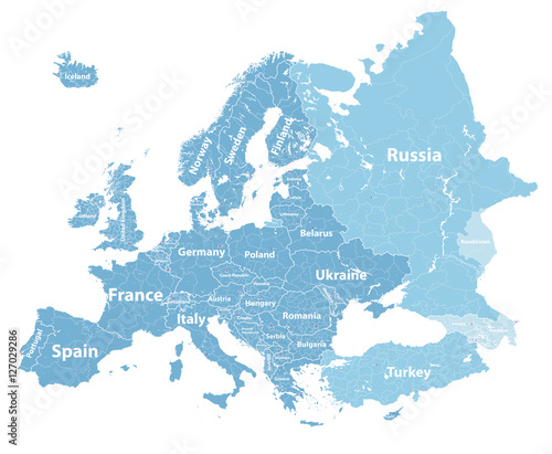 Europe vector political map with regions borders and countries names ...
