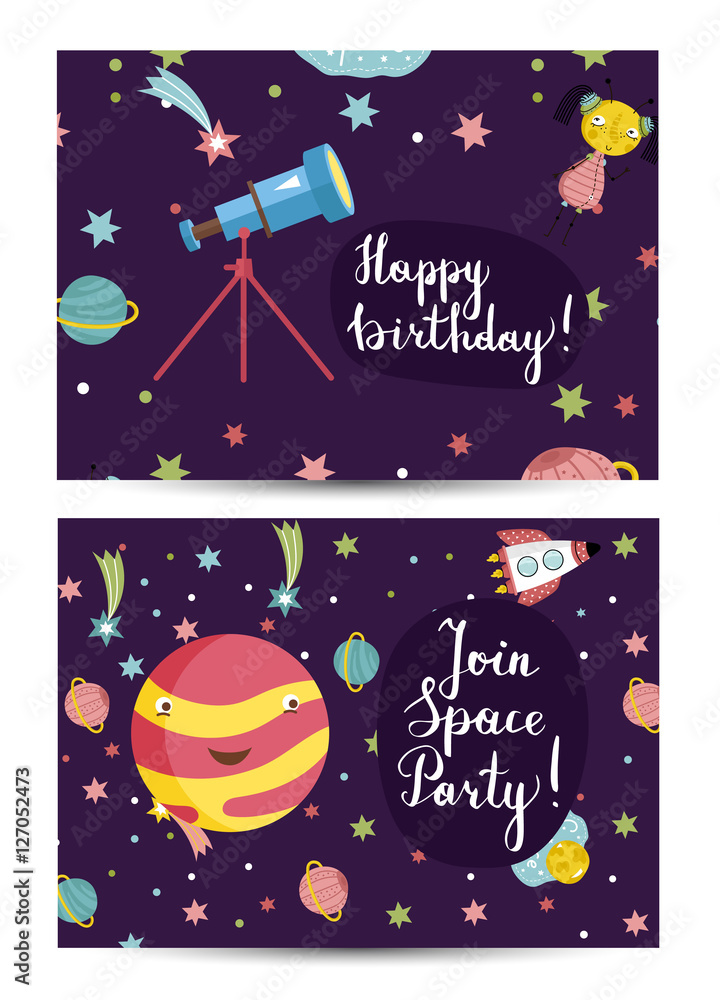 Happy birthday cartoon greeting card on space theme. Telescope, alien ...