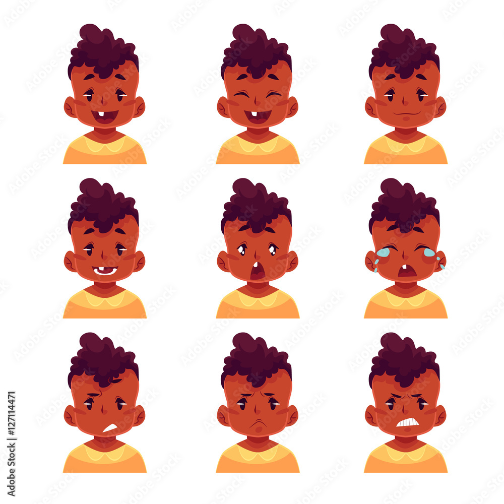 Little boy face expression, set of cartoon vector illustrations ...