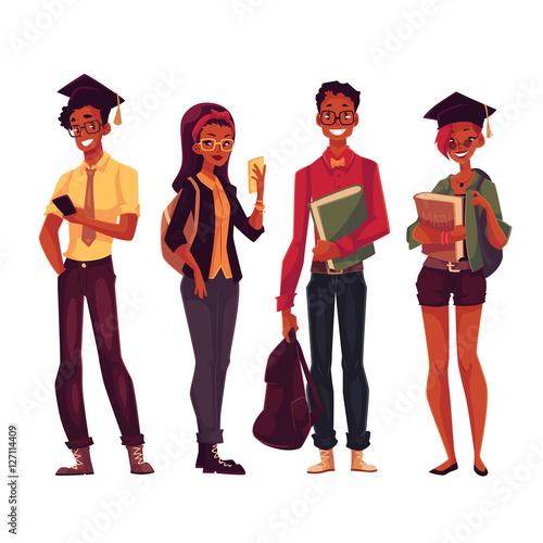 Group of full height black college, university students with books and ...