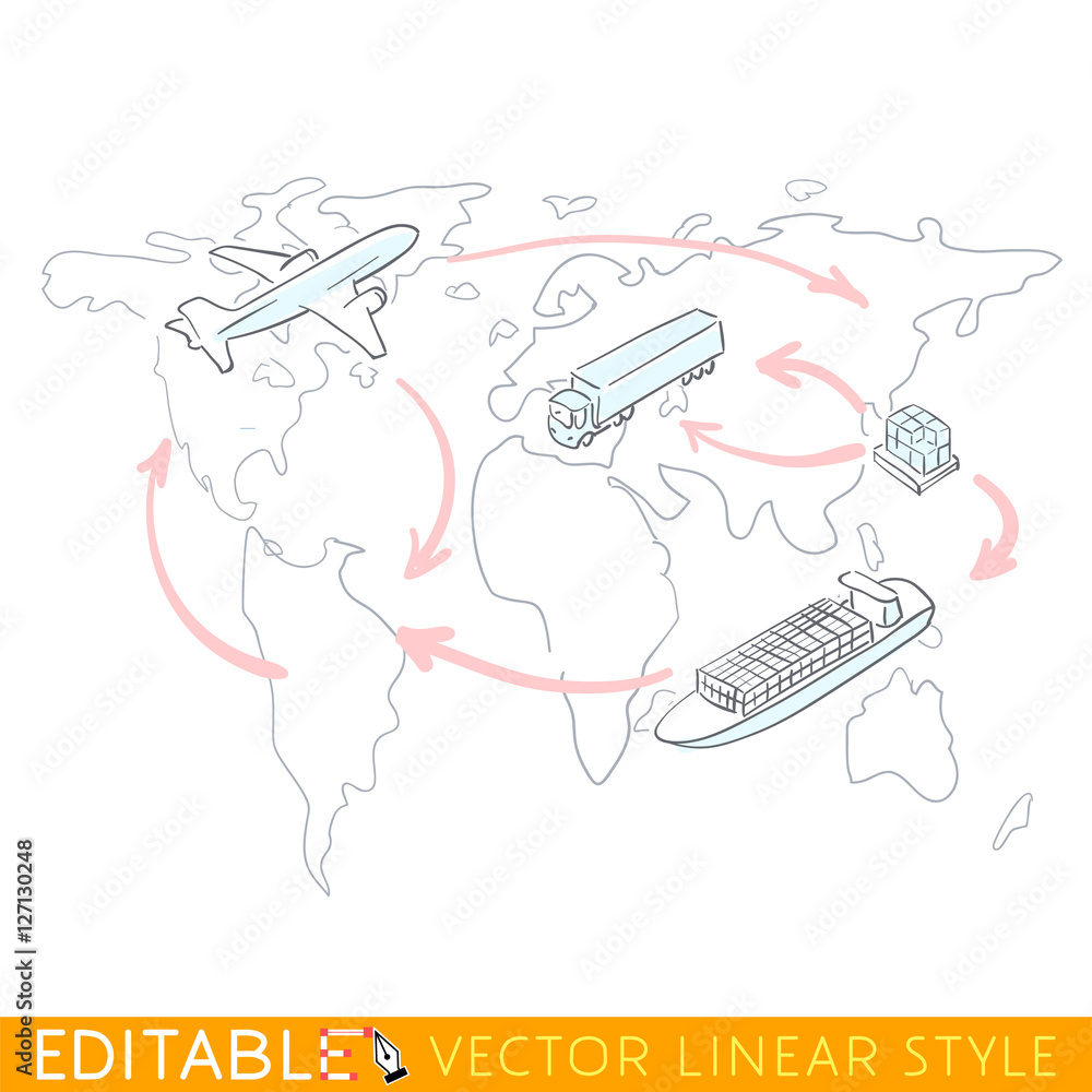 Sketch infographics of worldwide shipping, heavy transport, delivery ...