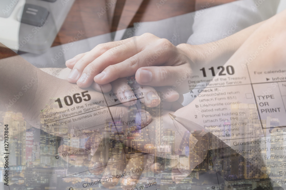 Double exposure of hands coordination and tax form for taxation Stock ...