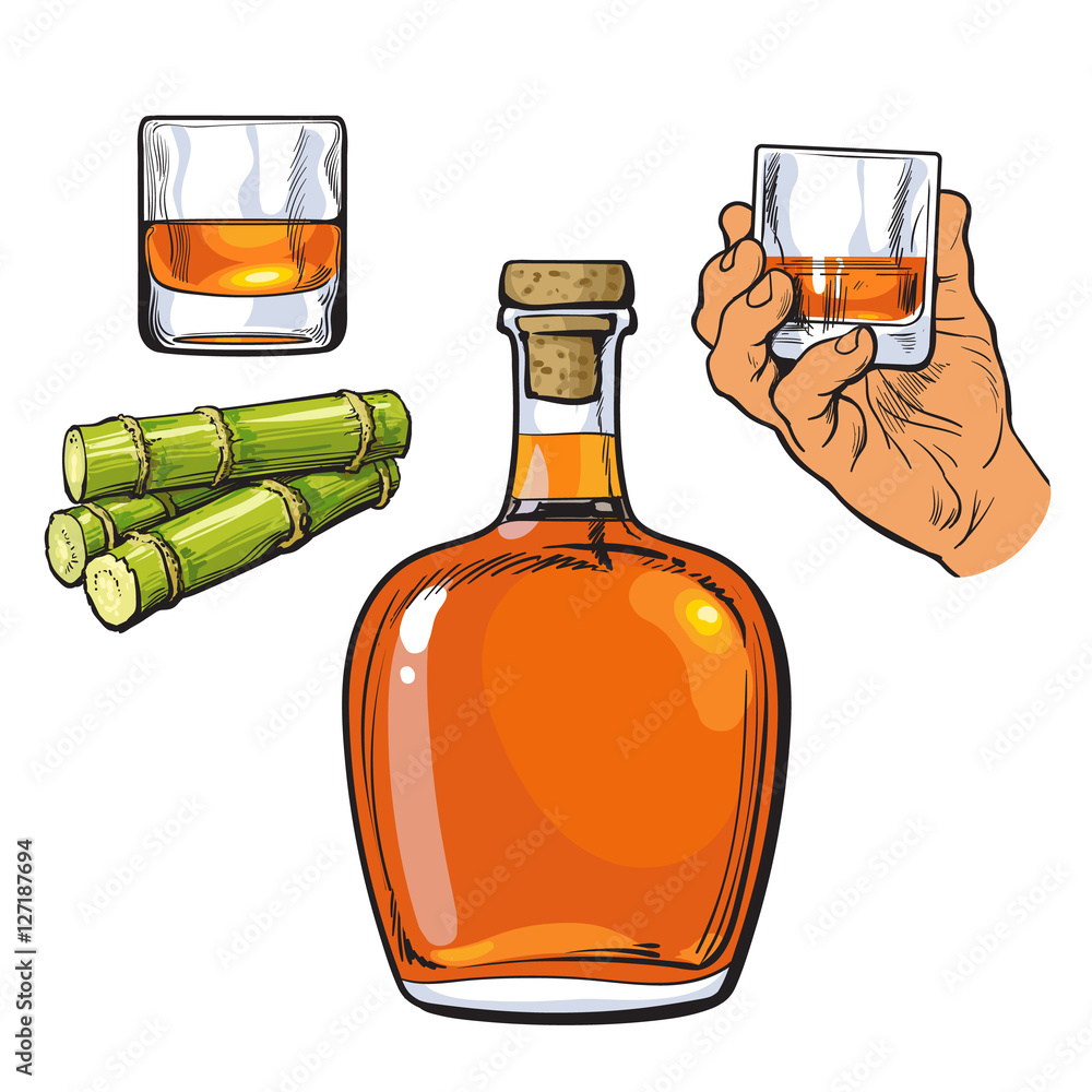 Jamaican rum bellied bottle, hand holding shot glass and sugar cane ...