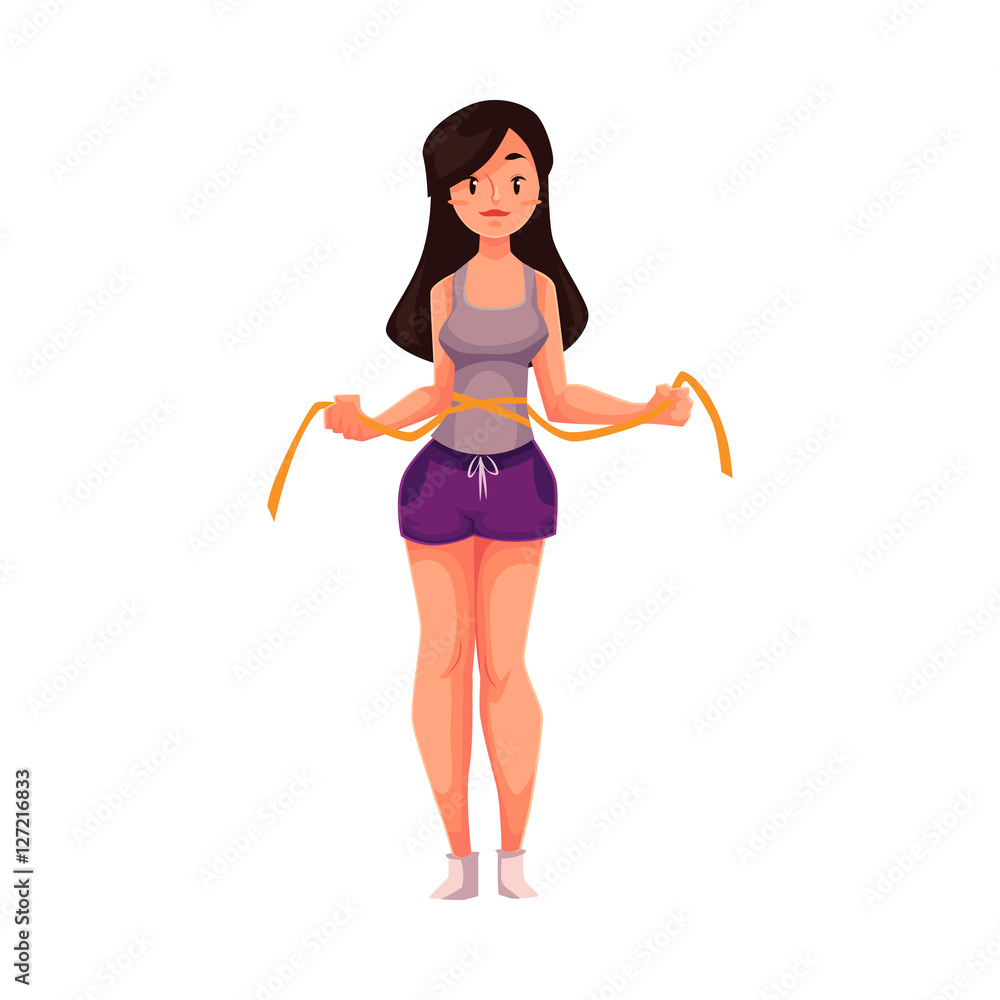 Slim young woman in good shape measuring herself with a tape, cartoon ...