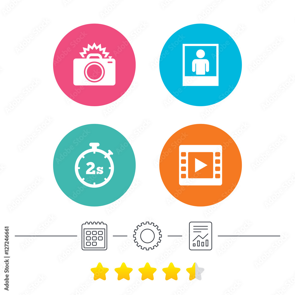Photo camera icon. Flash light and video frame symbols. Stopwatch timer ...