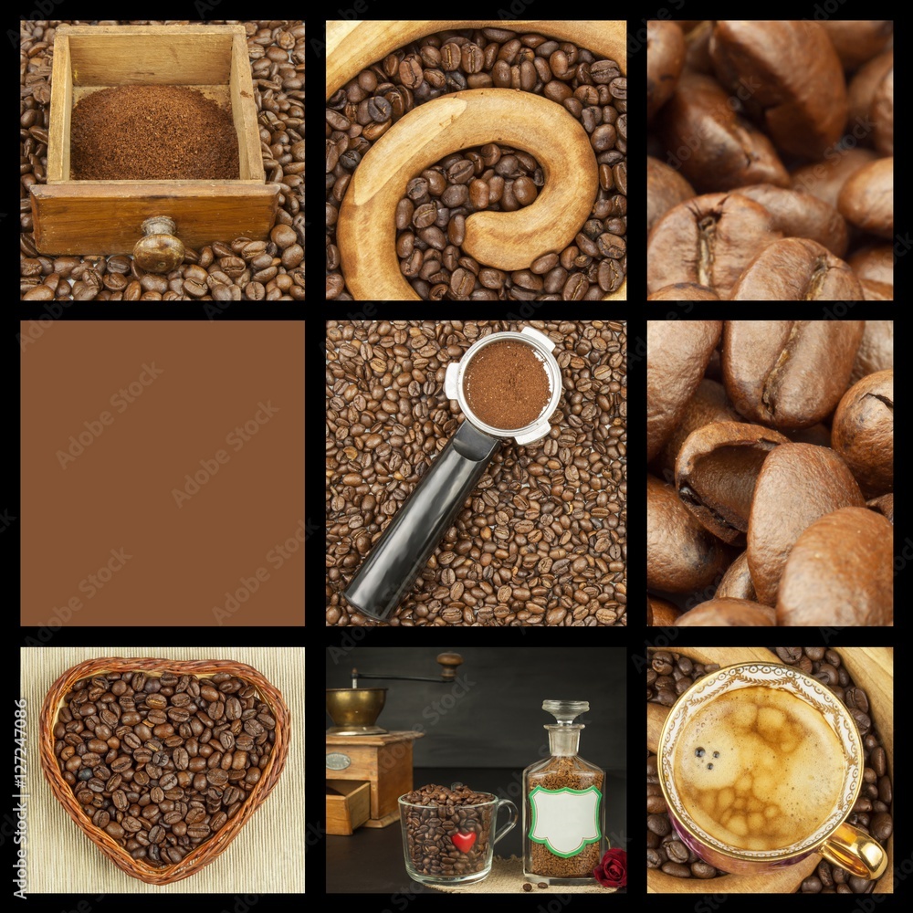 Coffee Collage. Advertising for the sale of coffee. Detailed views of ...