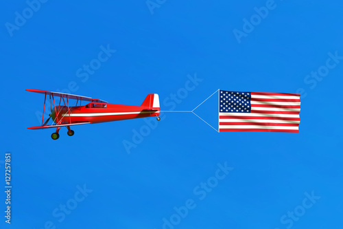 Flying airplane and USA flag (American flag) on blue sky. 3D ...