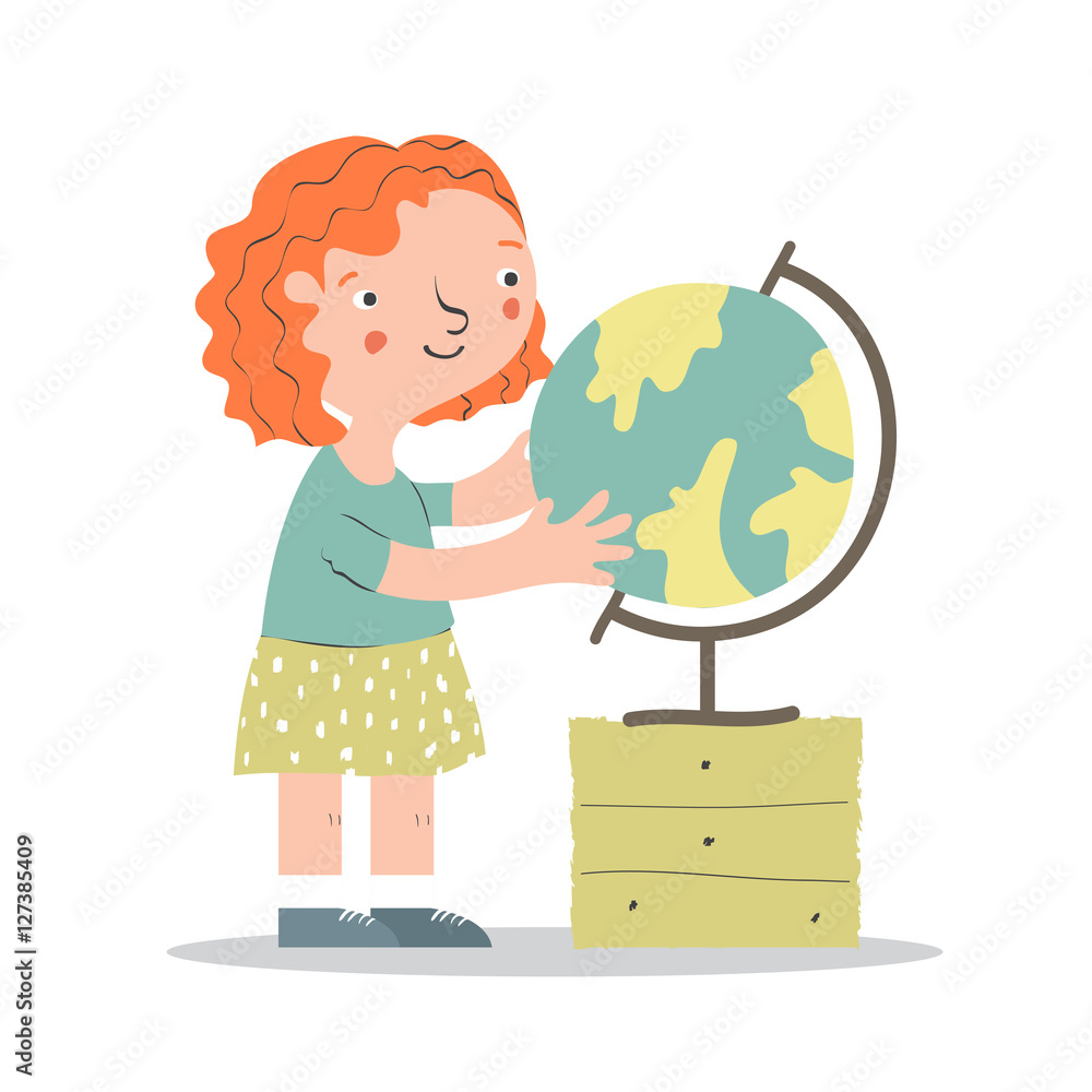 Cartoon little girl with globe. Kid character. Girl learning geography ...