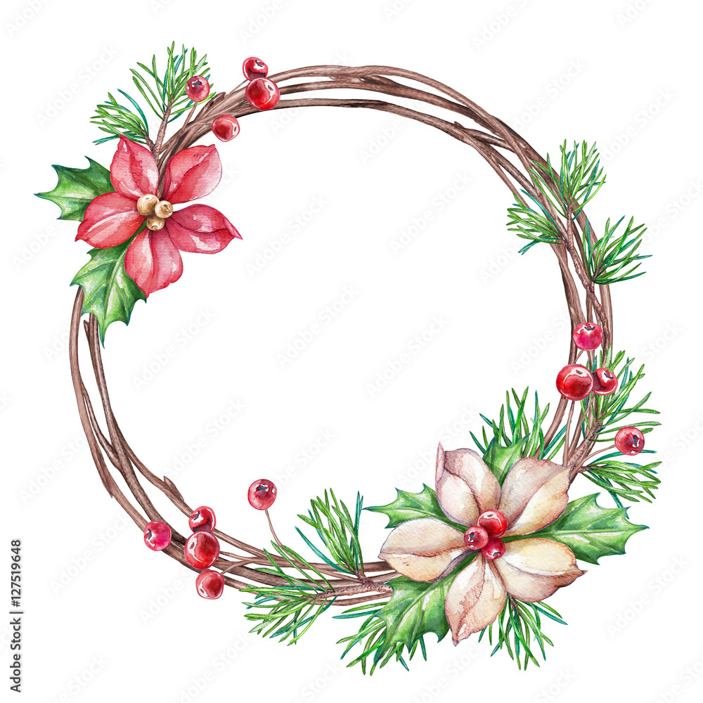 Christmas floral wreath clip art, round frame, blank banner, watercolor ...