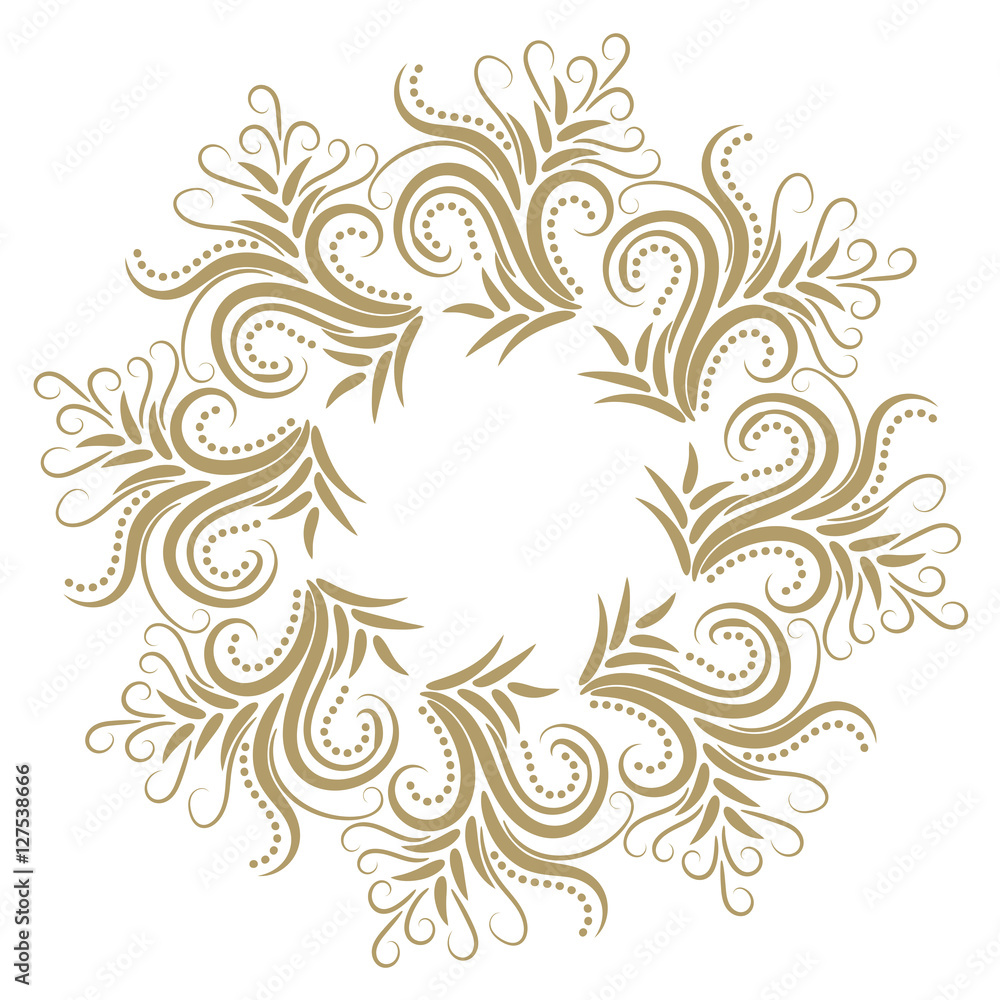 Abstract curly gold frame isolated on white background. Curly circle ...