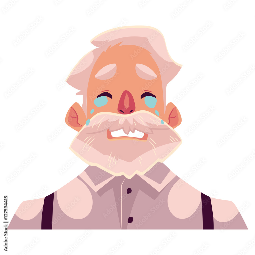 Grey haired old man face, crying facial expression, cartoon vector ...