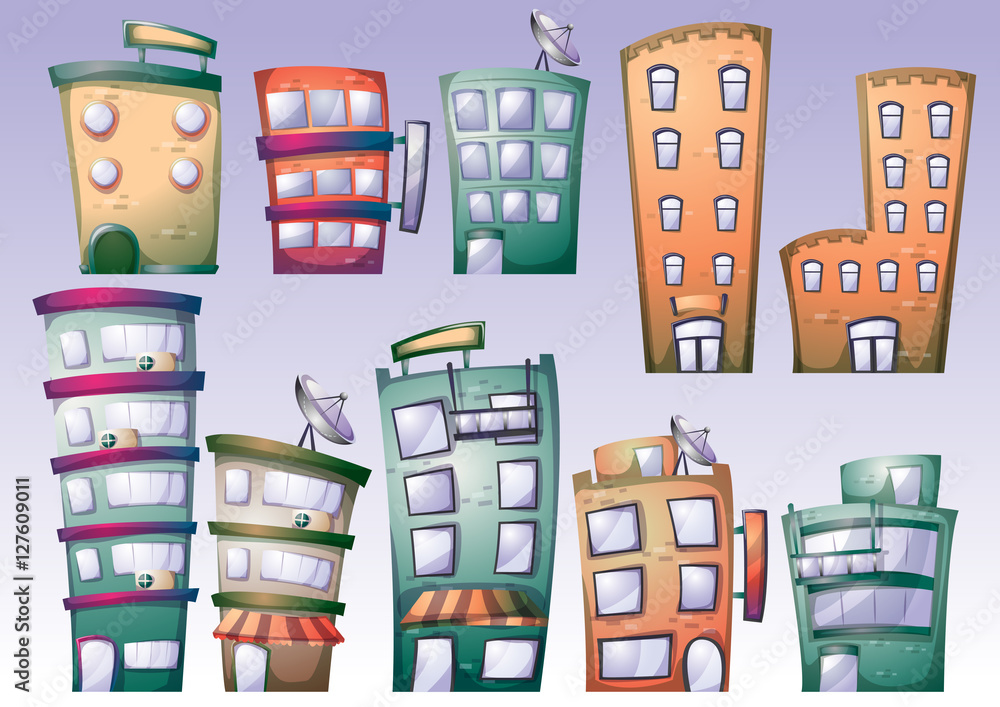 cartoon vector building objects with separated layers for game art and ...
