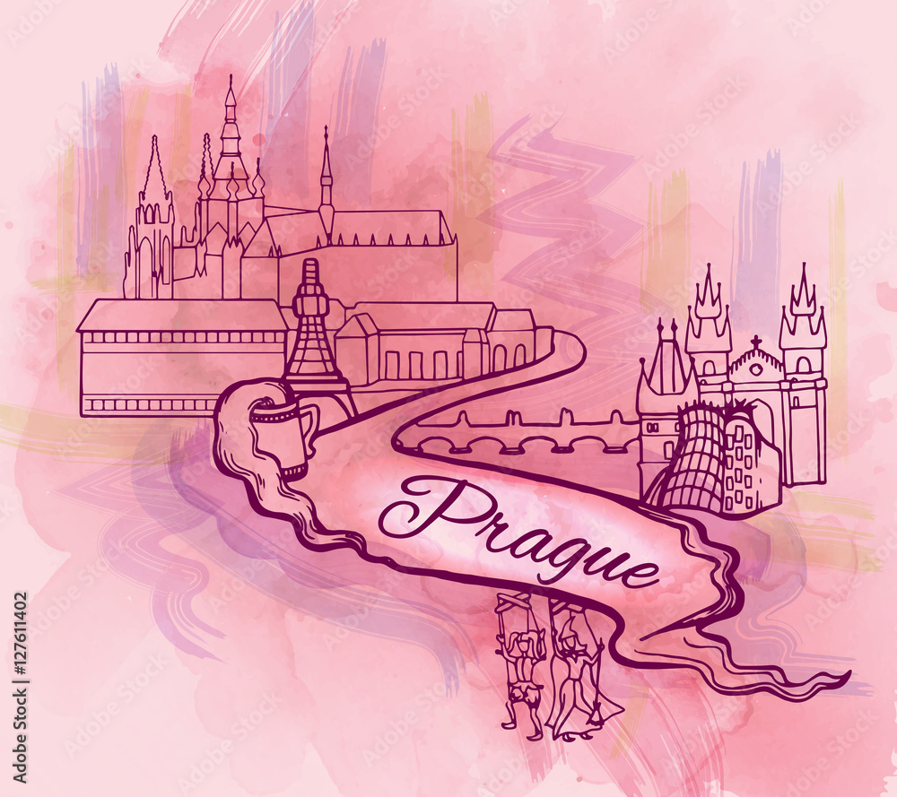 Welcome to Prague poster, banner, sticker with Czech capital landmarks ...