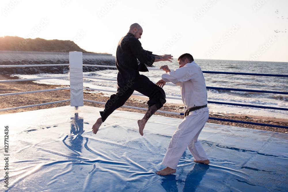 Two professional male karate fighters are fighting on the beach Stock ...