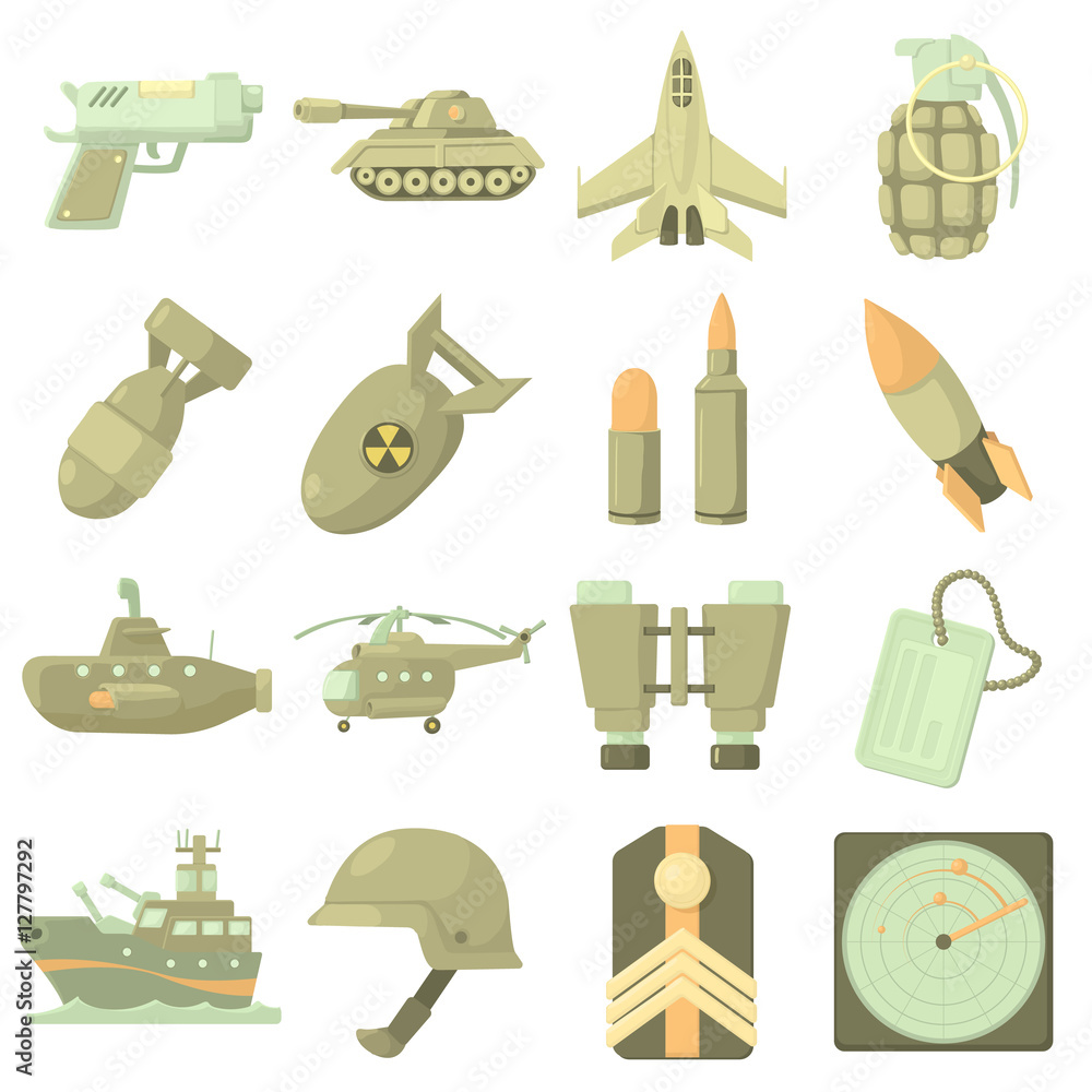 Military icons set. Cartoon illustration of 16 military vector icons ...