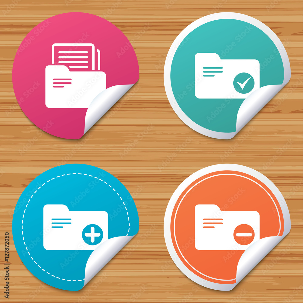 Round stickers or website banners. Accounting binders icons. Add or ...