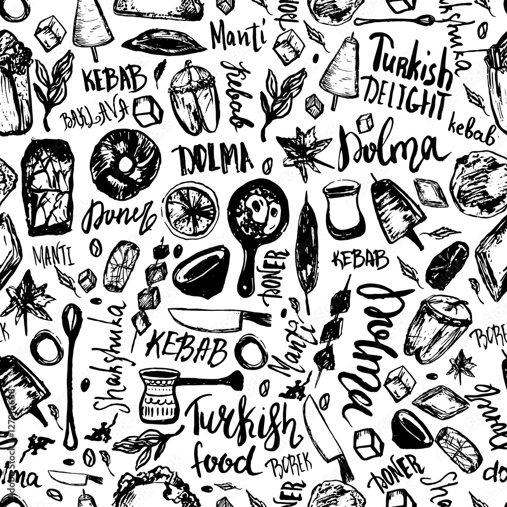 Turkish food hand drawn seamless pattern with lettering and beverages ...