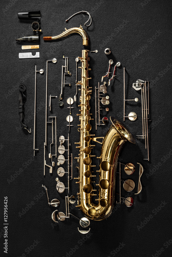 Tenor saxophone, exploded view drawing isolated on gray background ...
