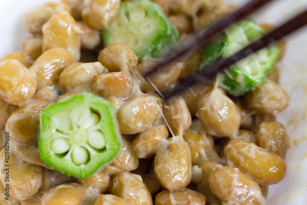Close up of okra and fermented soybeans known as Natto in Japan with ...