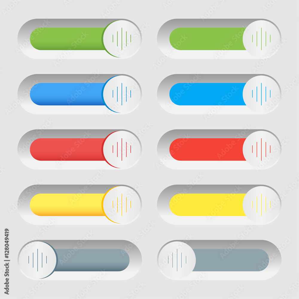 Set of colorful toggle switch icons. Switch buttons. On and Off position. Vector user interface ...