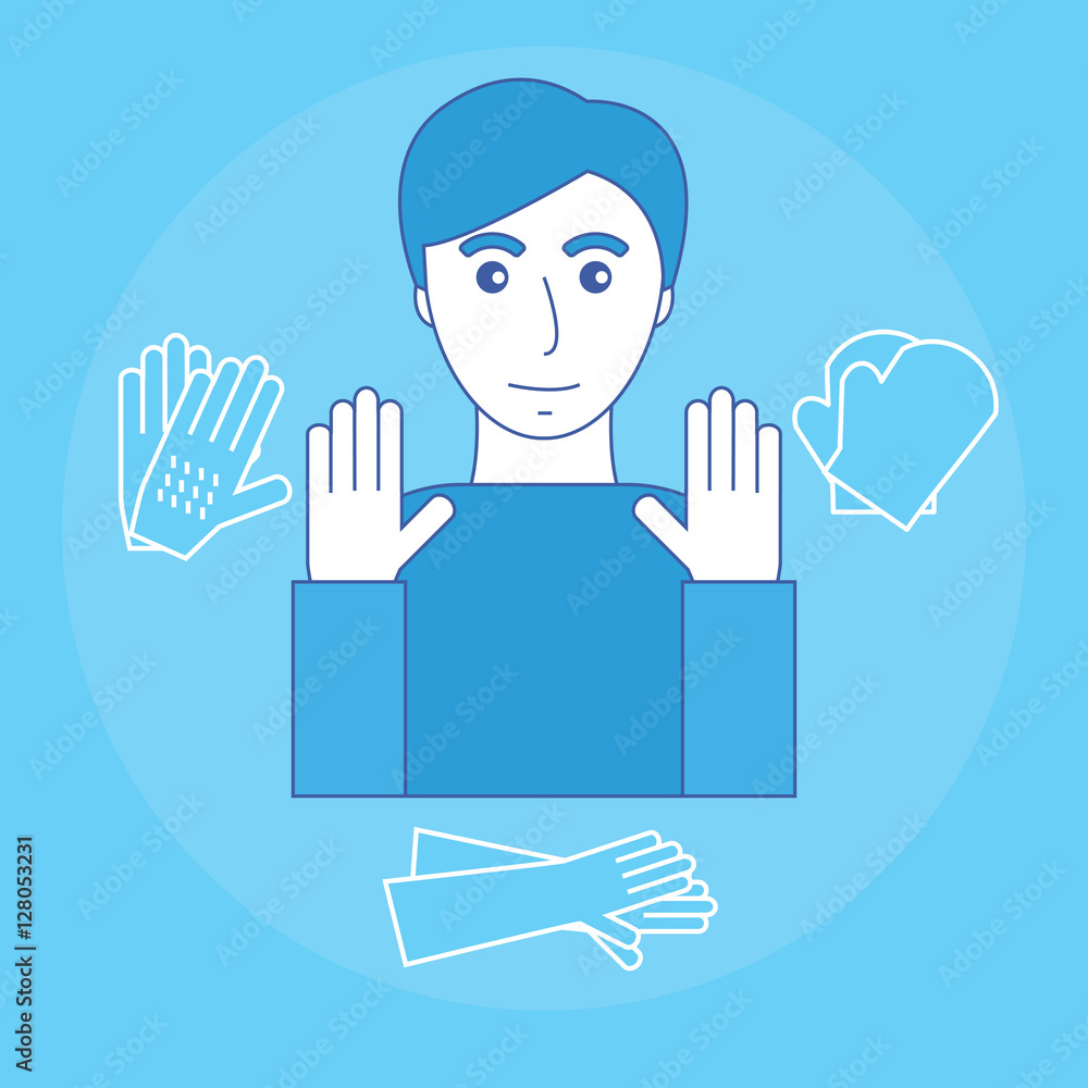 Image of a man and a glove to protect your hands. Personal protective ...